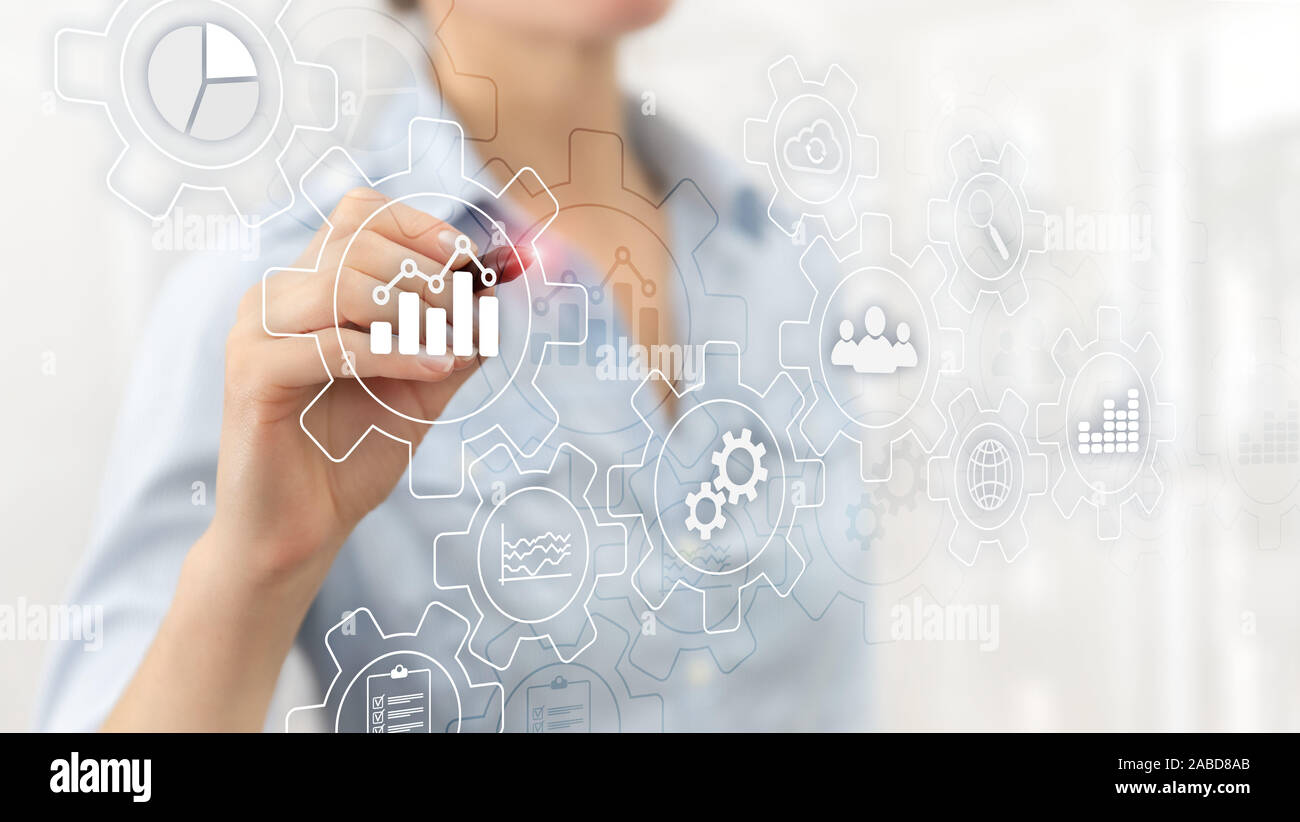 Business process abstract diagram with gears and icons. Workflow and ...