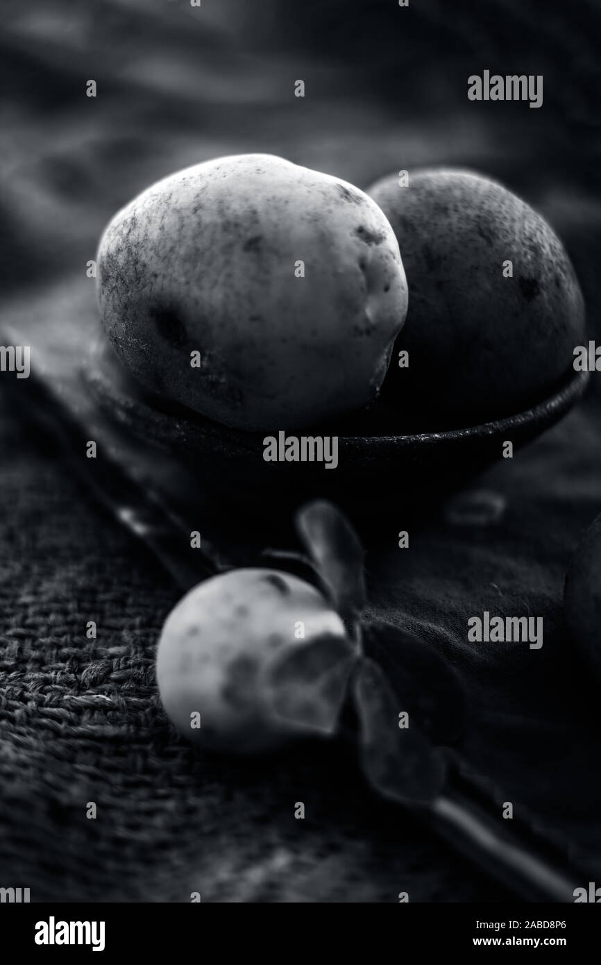 Close up of raw organic potato in a clay bowl on jute bags and some ...