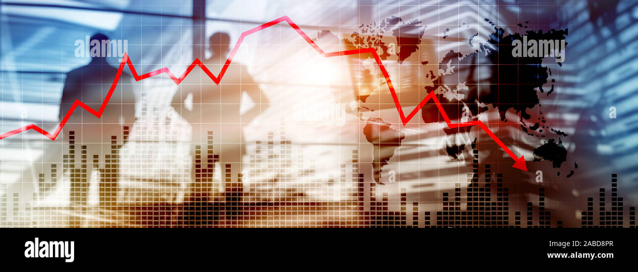 Chart with red down arrow on abstract background. Falling growth in ...