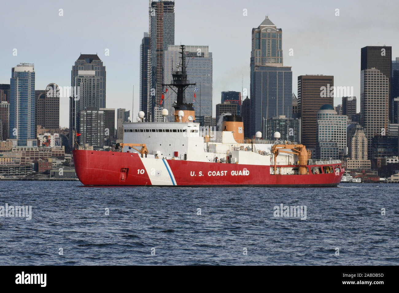 USCGC Polar Star (WAGB 10) transits Elliott Bay with the skyline of ...
