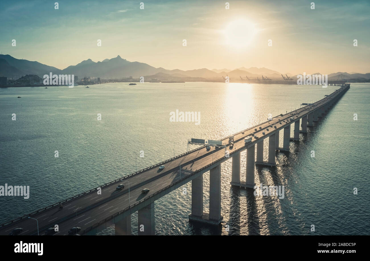 Highway Bridge over the ocean leading to the city, Rio de Janeiro ...
