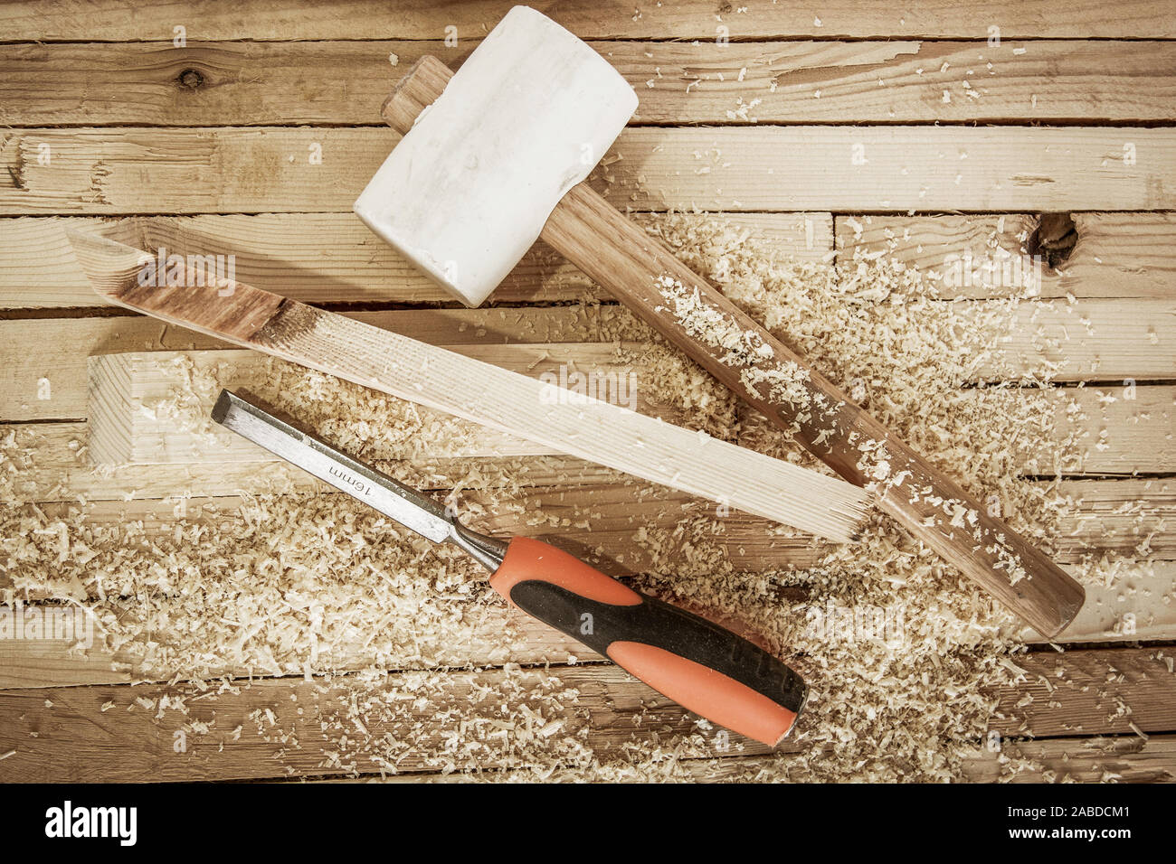 Woodwork tools on the boards background Stock Photo - Alamy