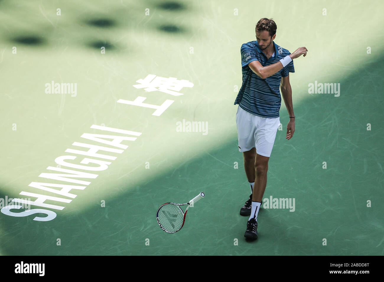 Russian professional tennis player Daniil Medvedev throws his racket ...