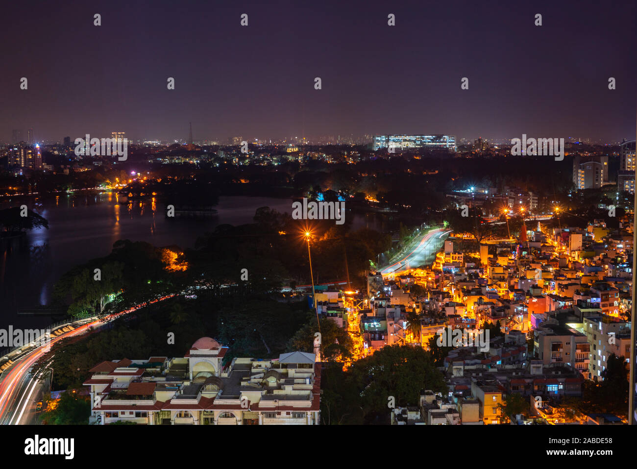 Night View of Bangalore Neighborhood Next to Busy Highway Stock Photo ...
