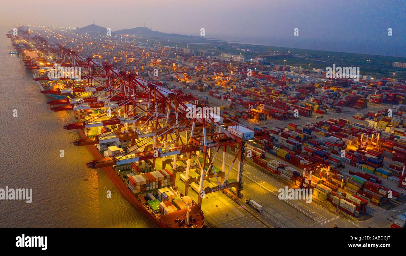 Aerial view of the Yangshan port in Lin Gang Pilot Free Trade Zone in ...