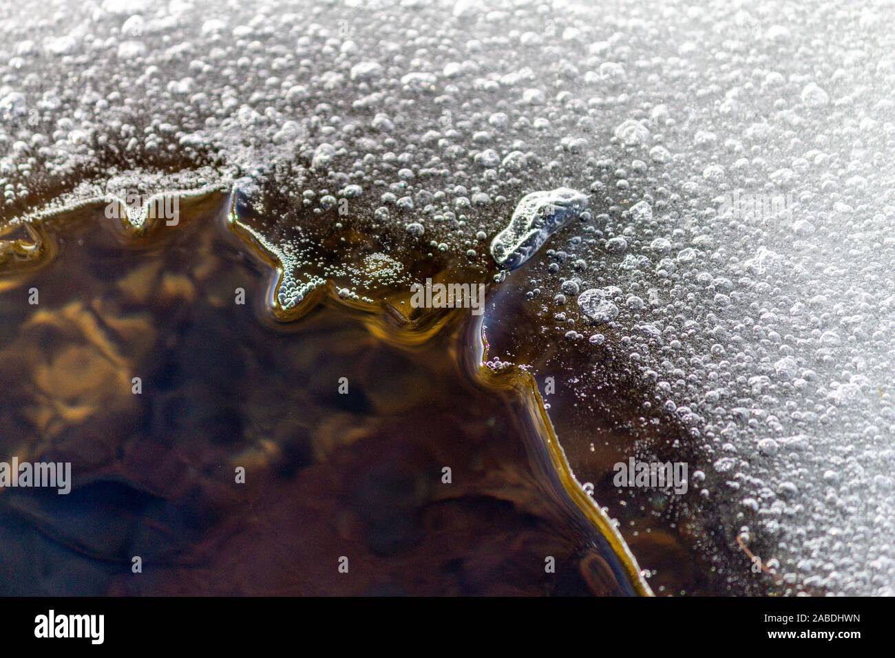 Frozen lake of ice close up.The surface of a lake covered with thin ice ...