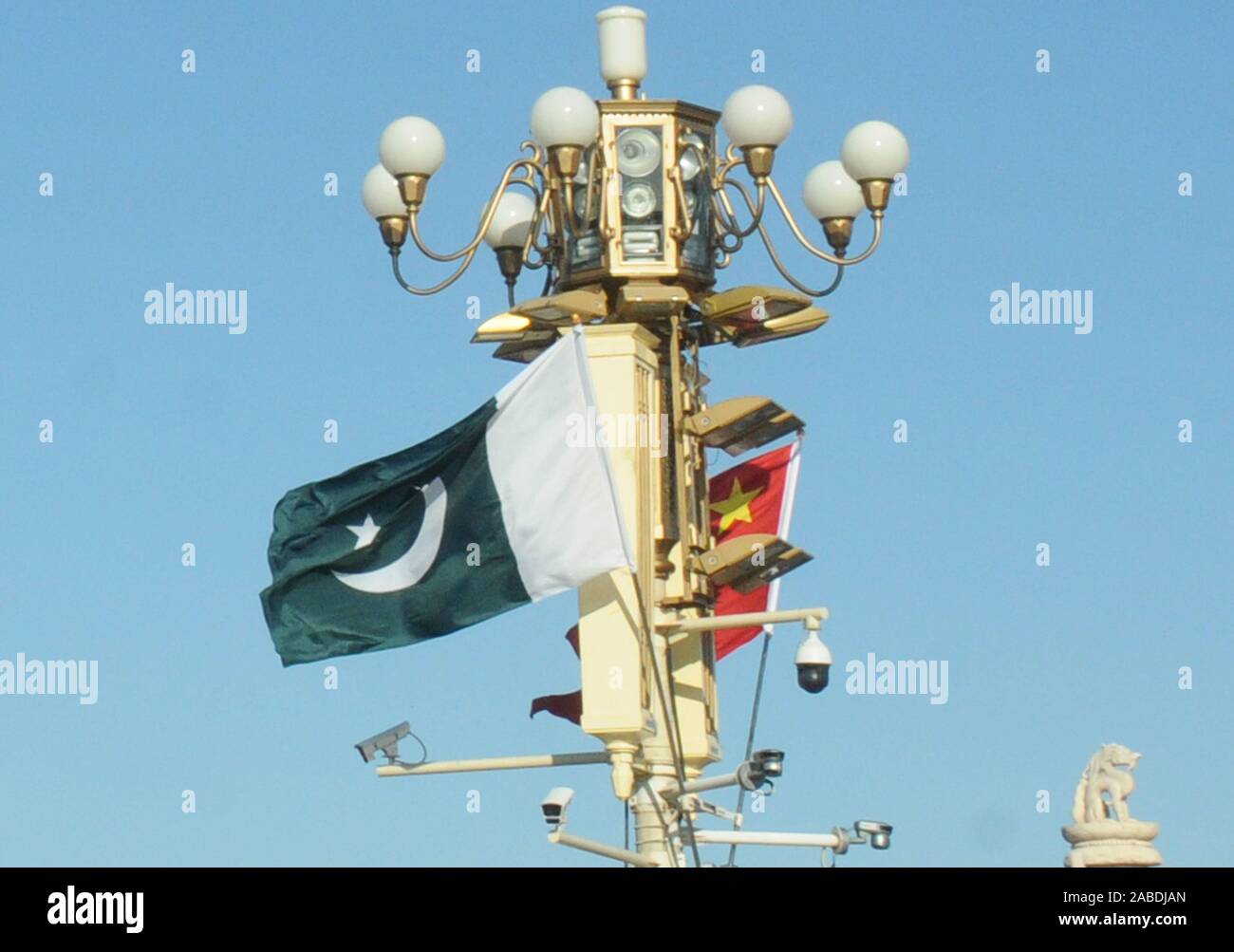 Pakistani flags and Chinese flags are hung up at the Tian'anmen square ...