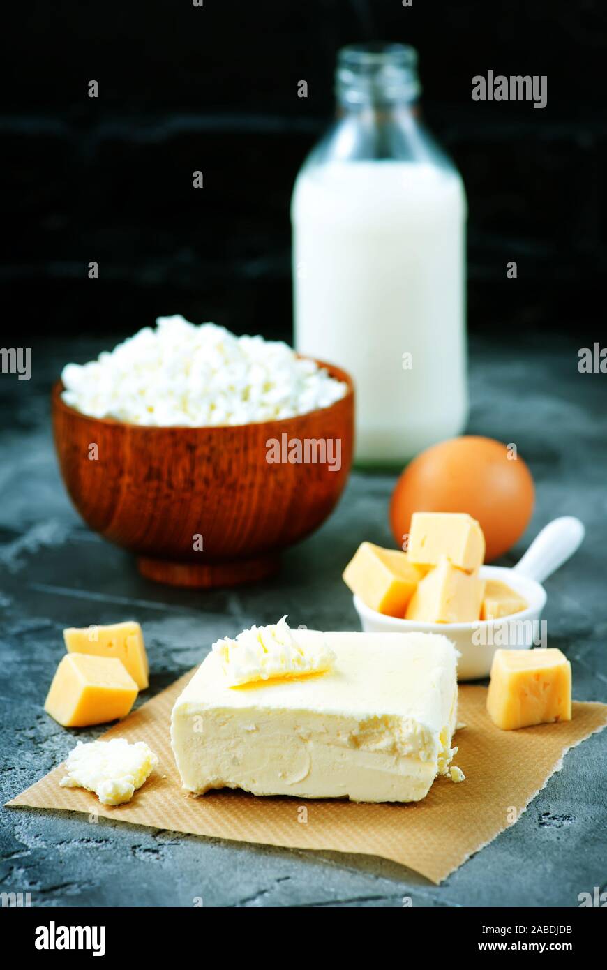milk,butter and cheese on a table. Stock photo Stock Photo - Alamy