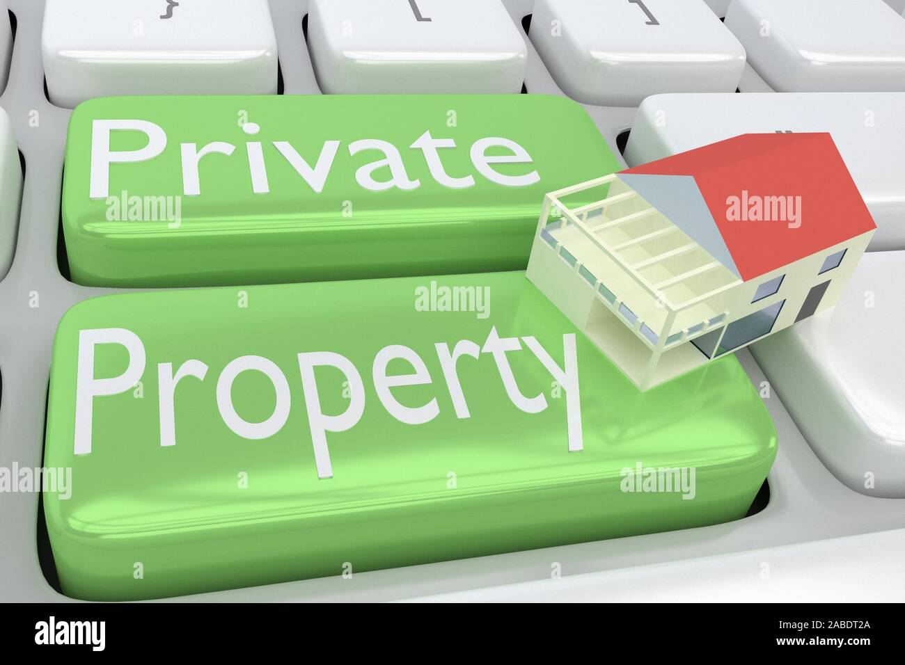 3D illustration of computer keyboard with the script Private Property on two adjacent pale green ...