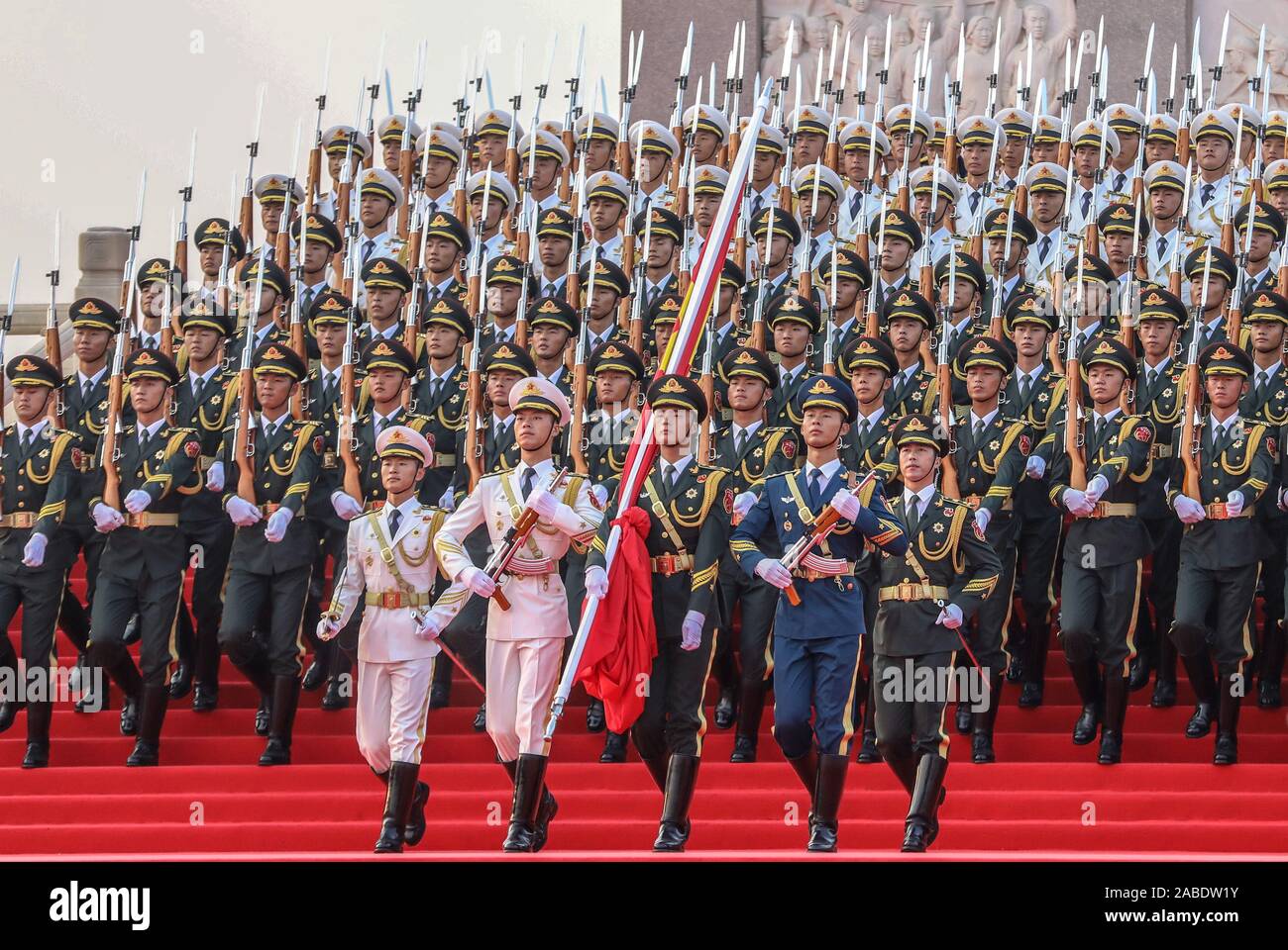 Soldiers, sailors and pilots of various troops line up and proceed ...