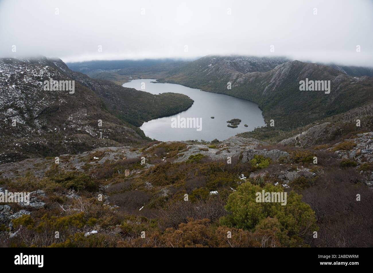 View from the Cradle mountain peak on mountain range and lake. Cradle ...