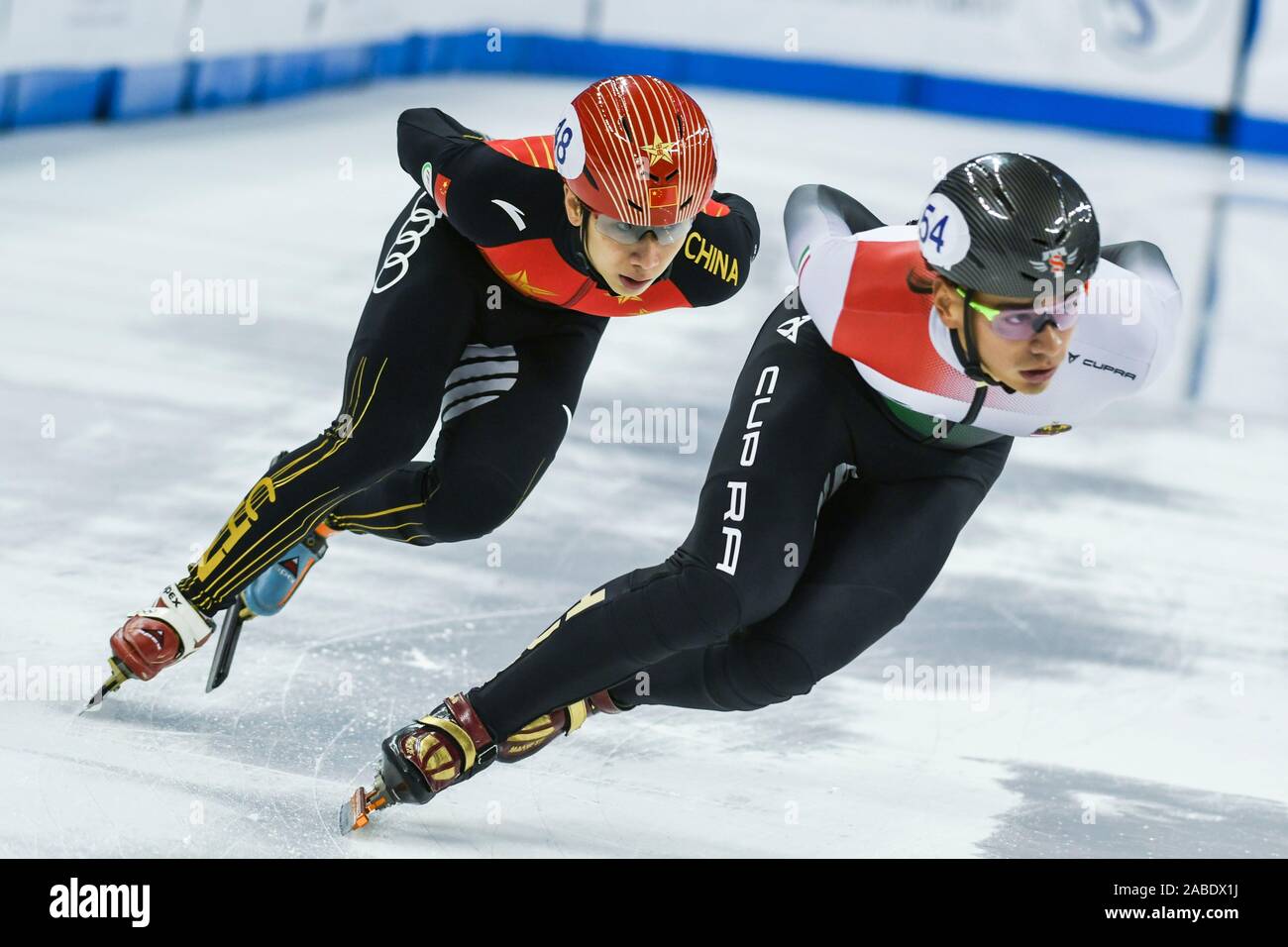 Skaters compete at the semifinal of man's 5000m relay track speed ...