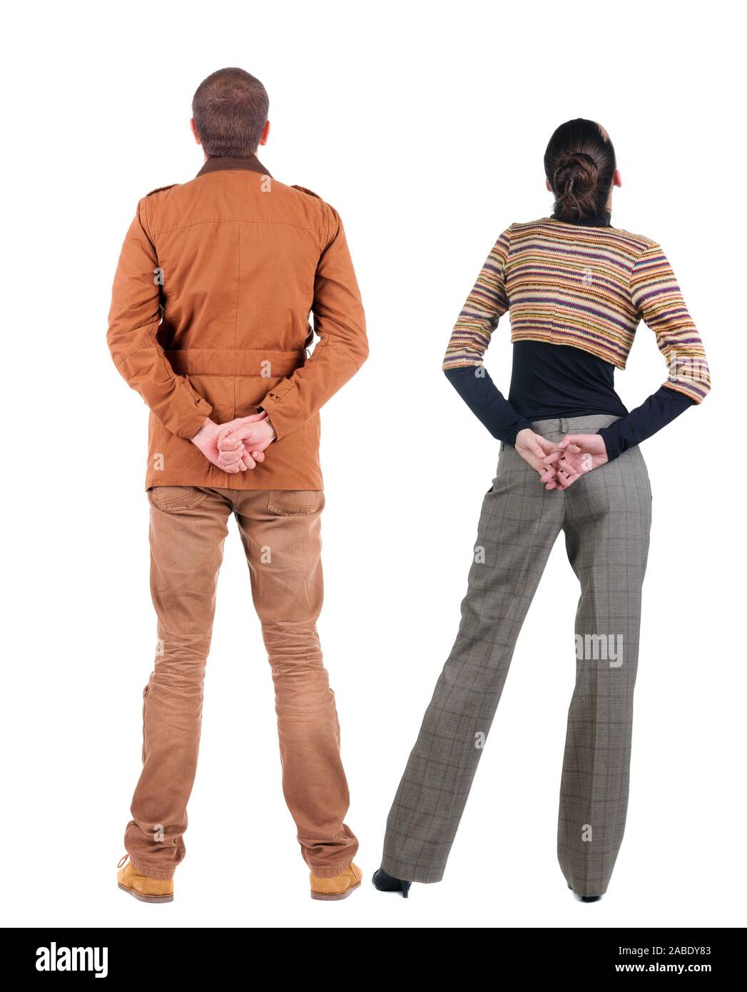 Back view of couple. beautiful friendly girl and guy together. Rear ...