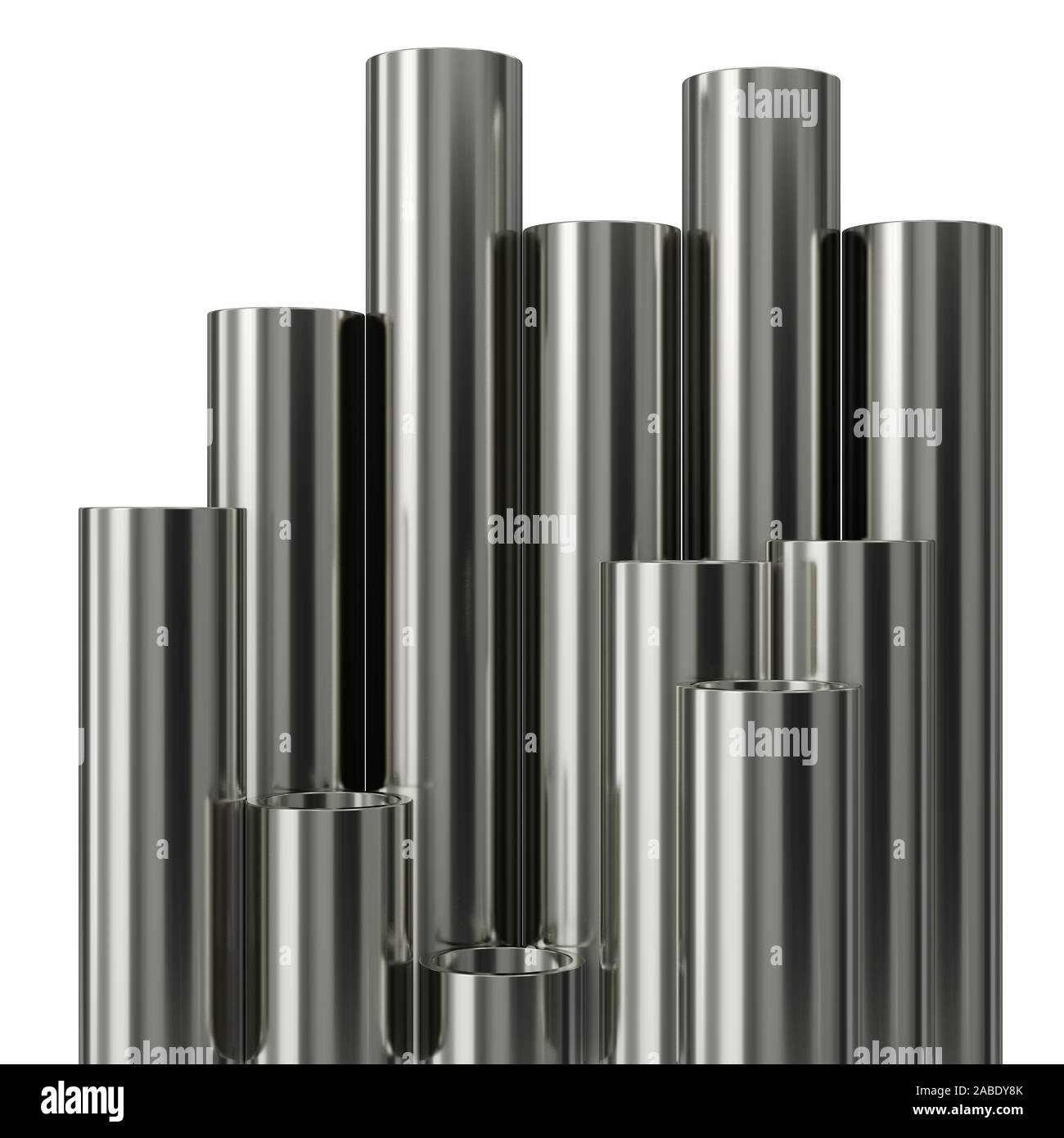 Steel pipes of isolated on white background. Glossy 3d rendering steel ...