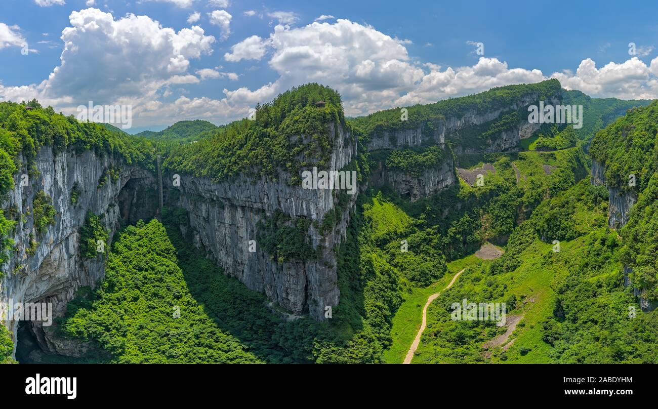 Panorama of the gorge valley and karst limestone rock formations in ...
