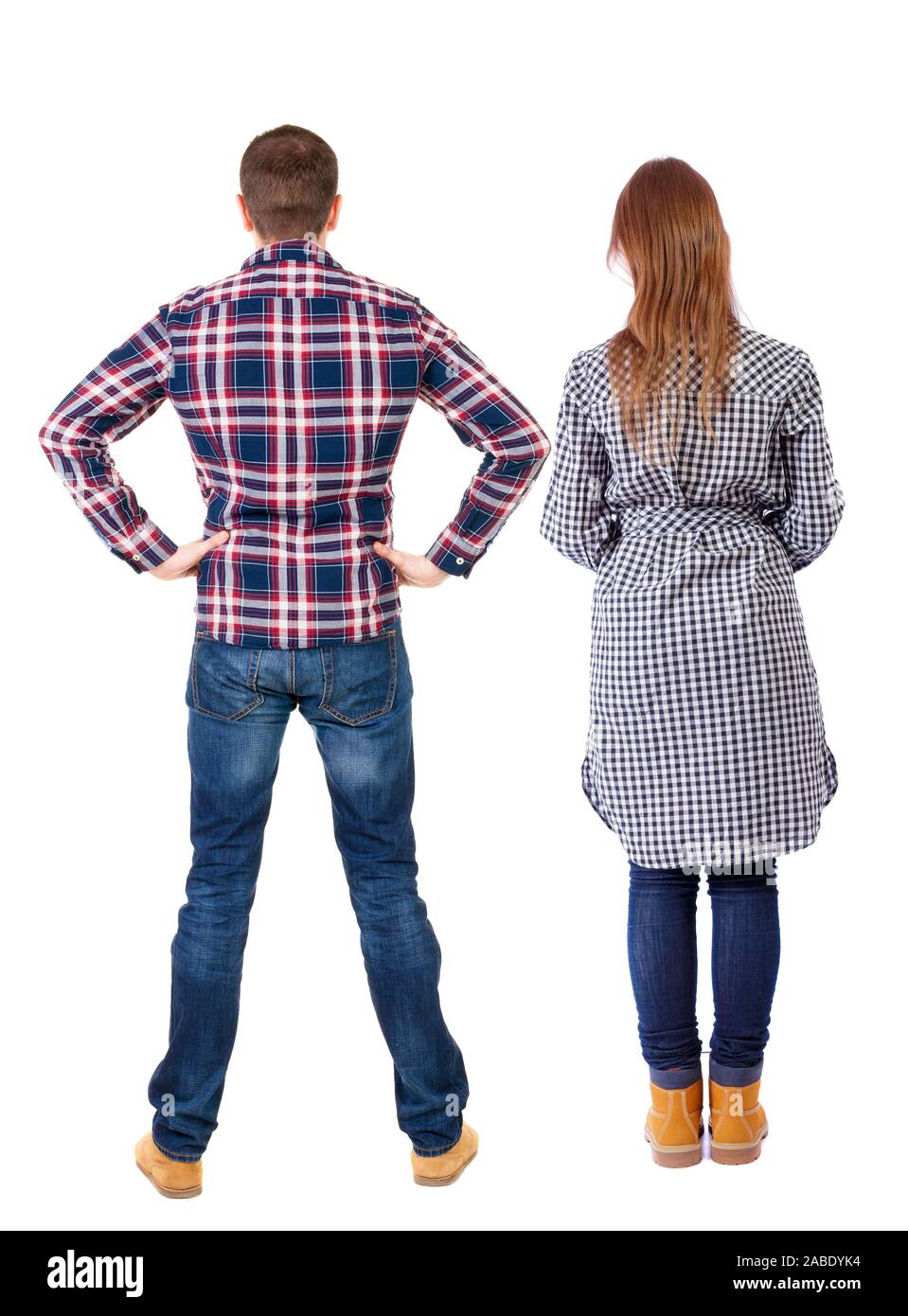 Back view of couple. beautiful friendly girl and guy together. Rear ...