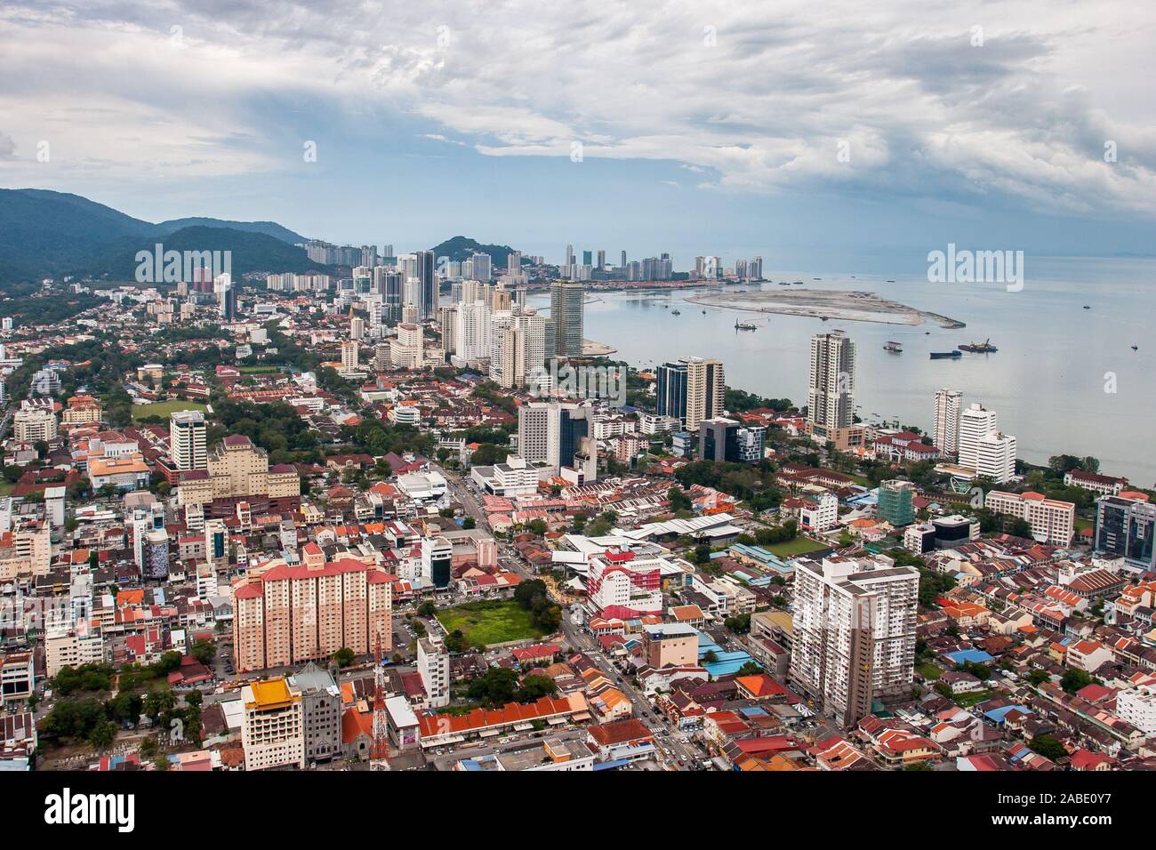 Aerial view of the city of Georgetown and the coast with ships on the ...