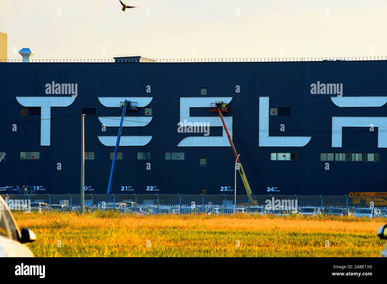 Construction workers put up the "Tesla" logo on the outside wall of ...