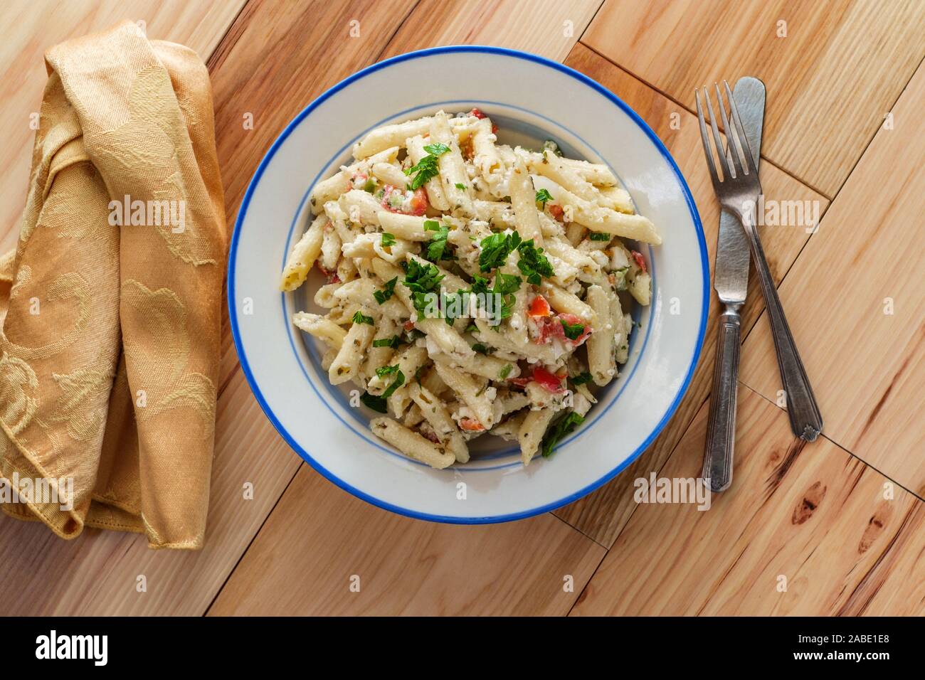 Greek penne Aegean pasta salad with crumbled feta cheese Stock Photo ...