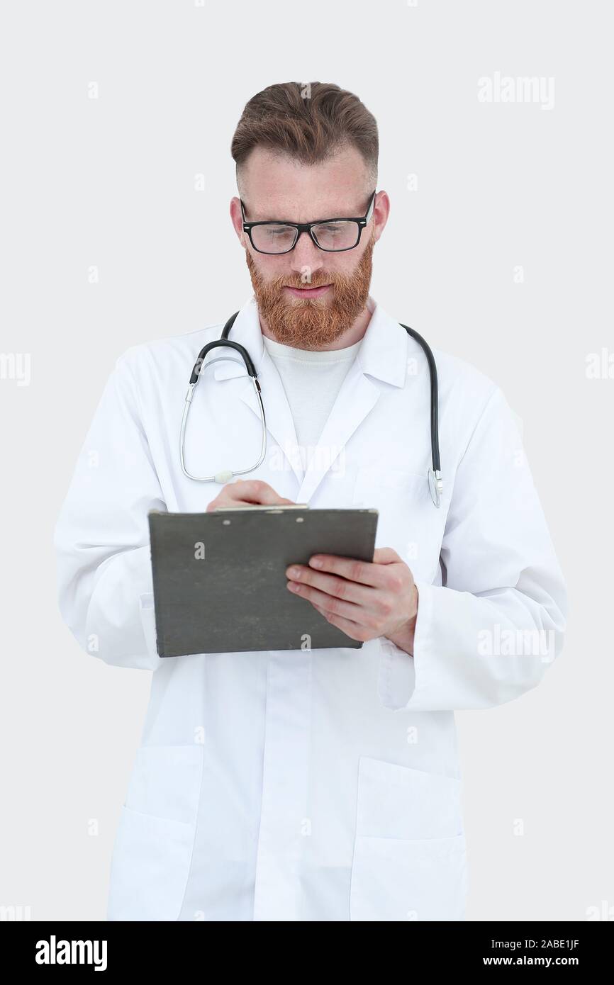 medical doctor writes a medical report. isolated on white Stock Photo ...