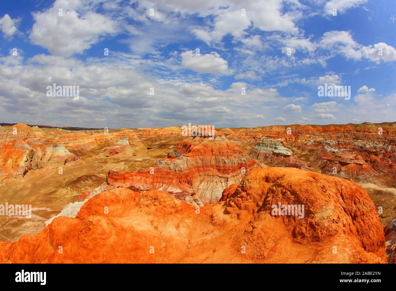A view of mountains of Danxia landform with distinguished layers of ...