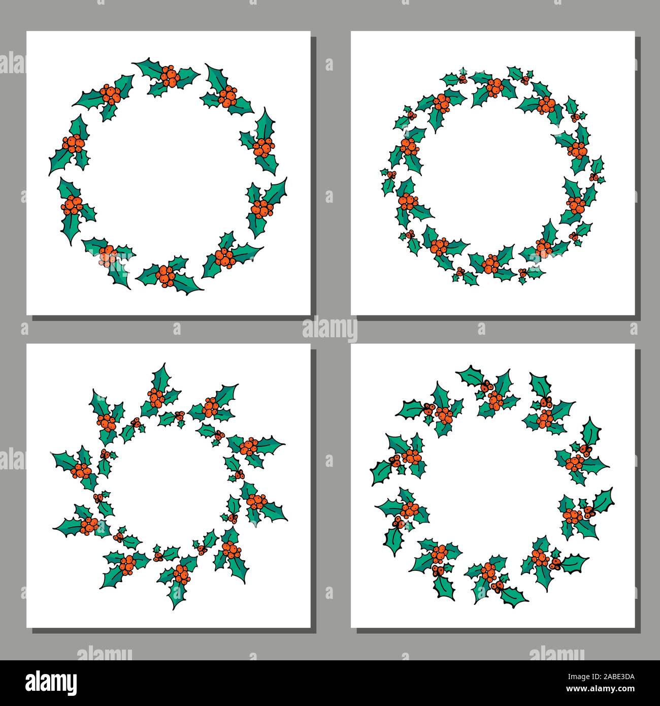 Christmas wreath set. Doodle Holly branch border. Winter holiday symbol ...