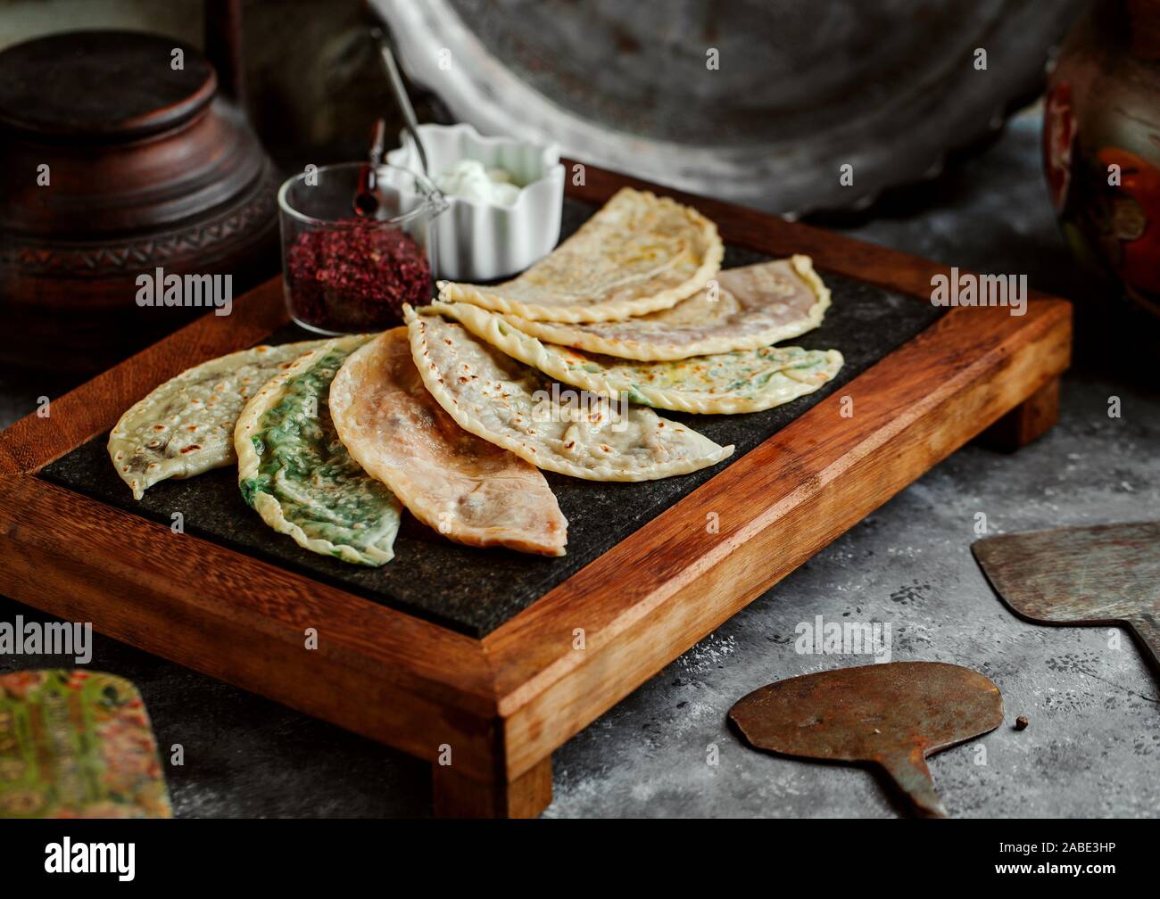 azerbaijani traditional gutab stuffed flatbreads with minced meat ...