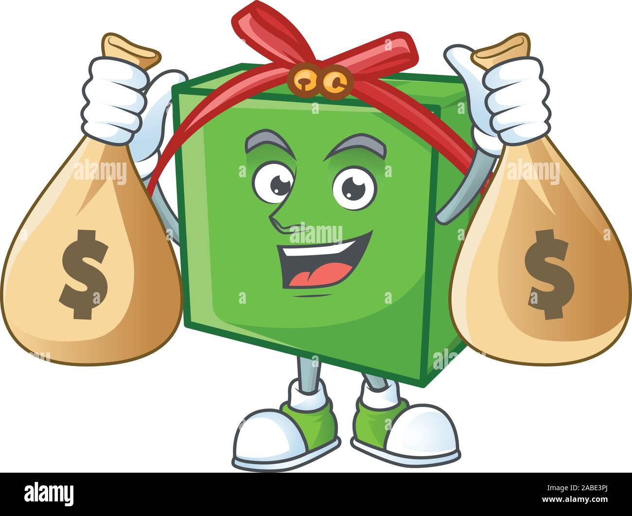 Cute green gift box cartoon character smiley with money bag Stock ...