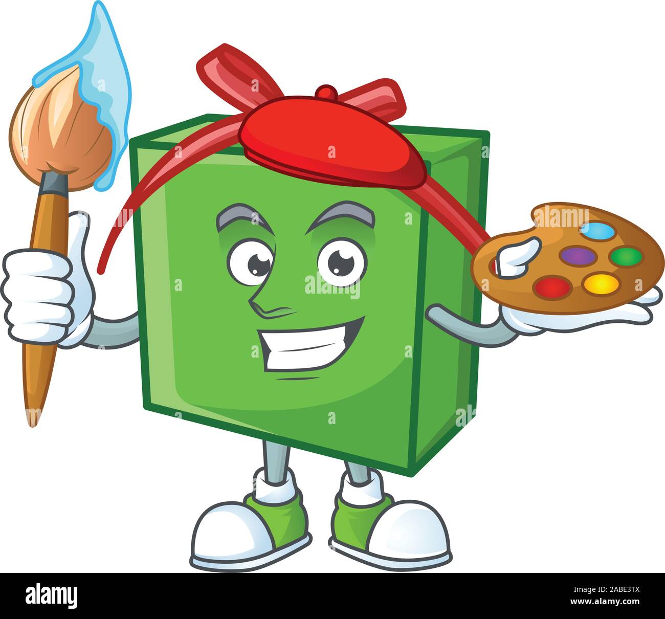 Cheerful green gift box painter cartoon character with brush Stock ...