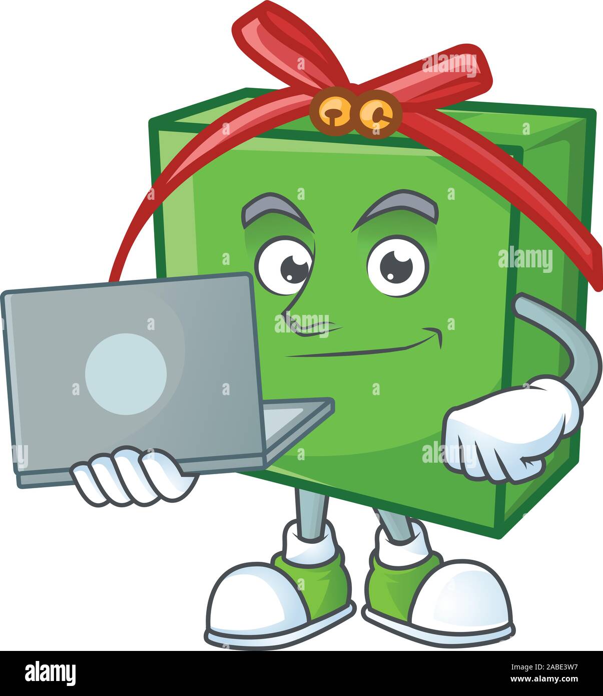 Happy smiling green gift box cartoon character working with laptop ...