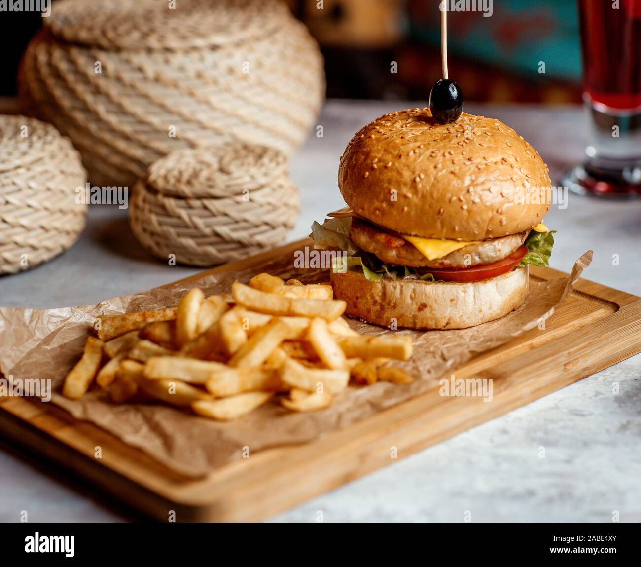 mini chicken burger served with french fries Stock Photo - Alamy