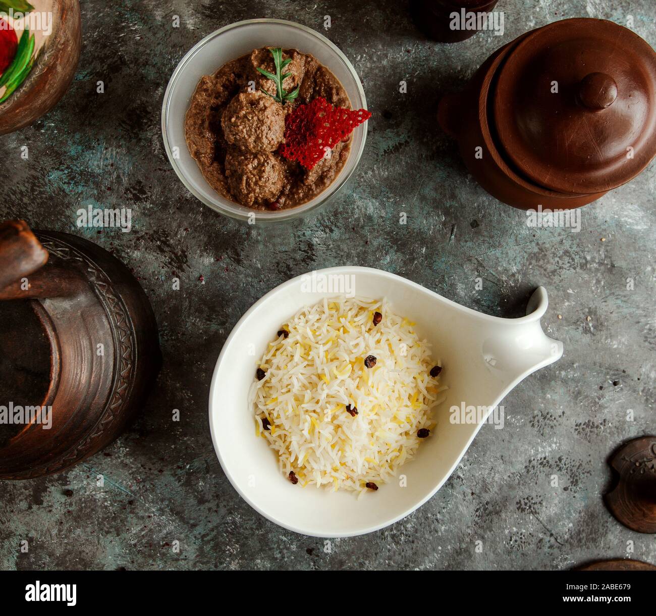 top view of azerbaijani pilaf rice and meatballs Stock Photo - Alamy