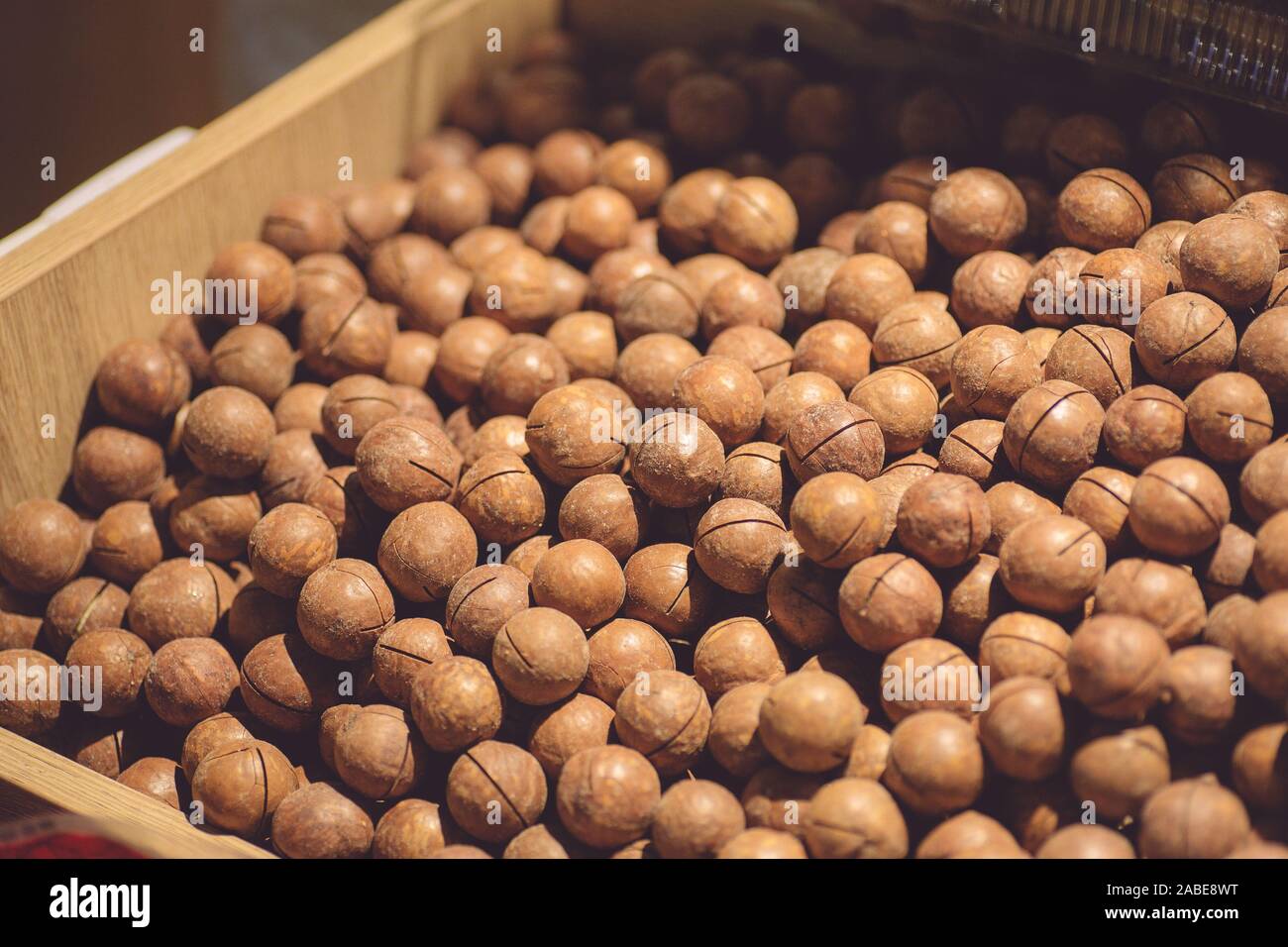 Macadamia nuts on a market counter. Inshell Macadamia Nuts Stock Photo ...