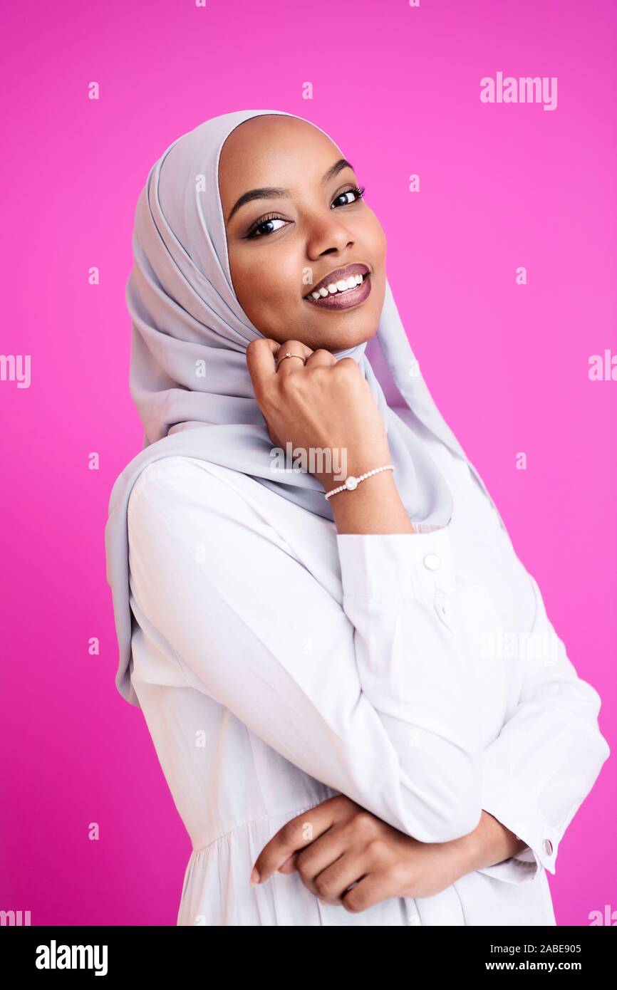 portrait of young modern muslim afro beauty wearing traditional islamic ...