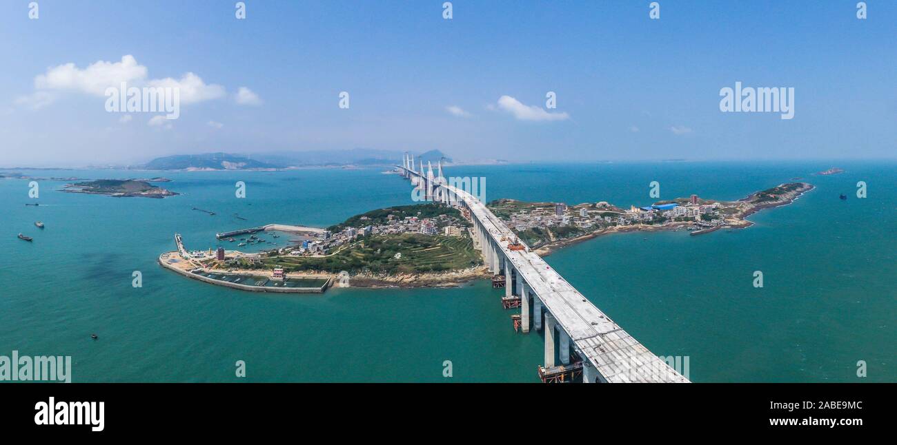 Aerial view of the Pingtan Haixia Rail-Road Bridge completed in Fuzhou ...