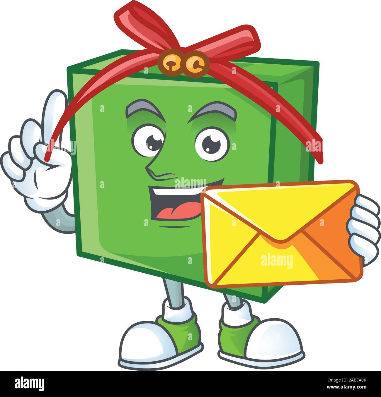 With envelope Happy face green gift box mascot cartoon style Stock ...
