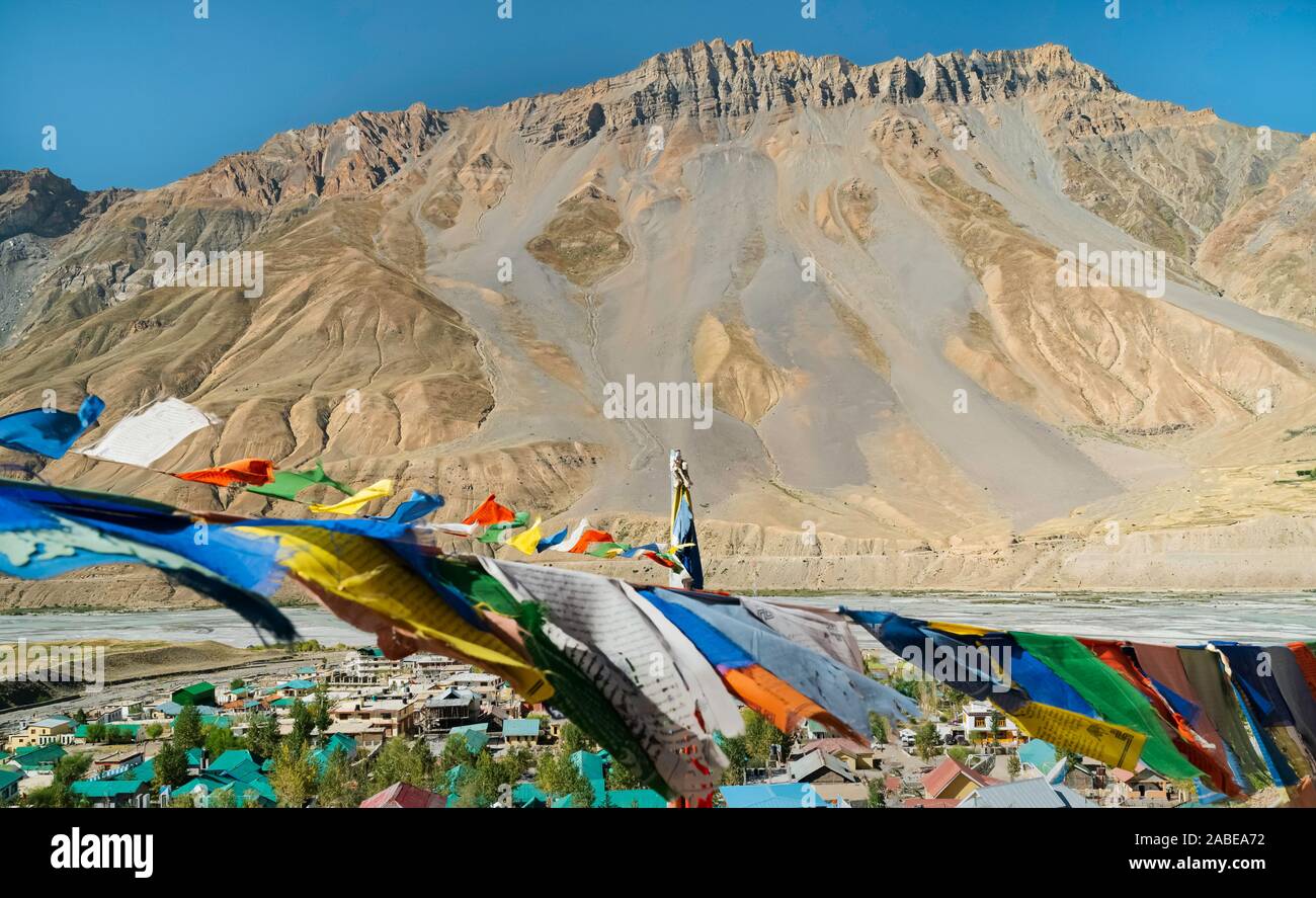 KAZA, INDIA - SEPTEMBER 2019: Himalayas and town of Kaza and the Spiti ...