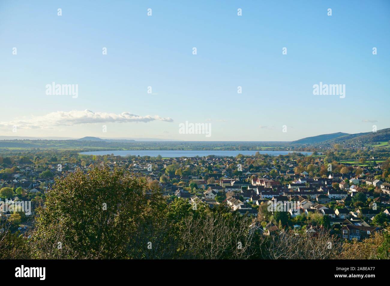 View towards Cheddar and Cheddar Reservoir, Somerset, England, UK, from ...