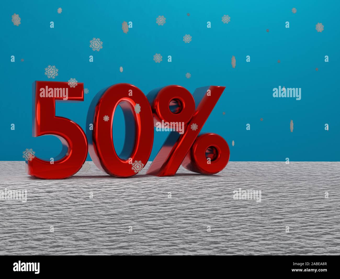 red 50 fifty percent sign in a winter setting with snow and snowflakes ...