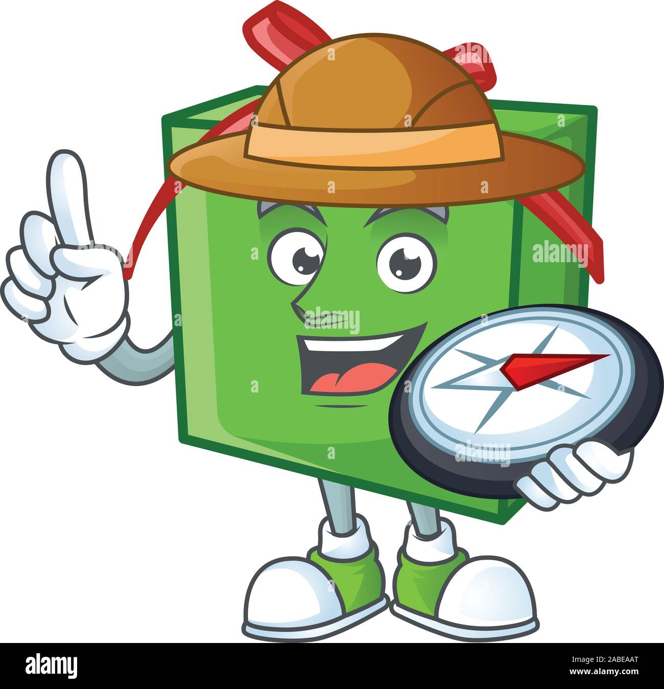 Explorer green gift box cartoon character holding a compass Stock ...