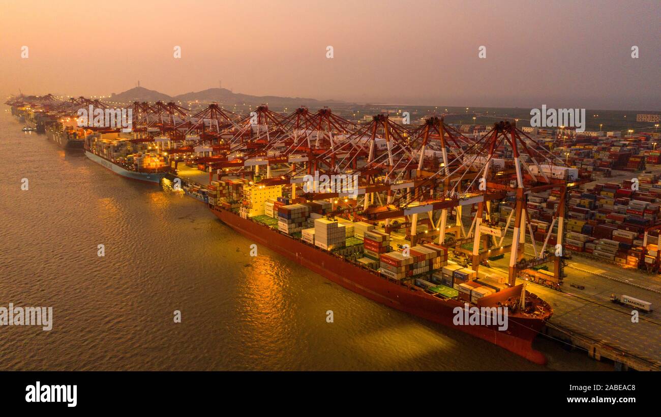 Aerial view of the Yangshan port in Lin Gang Pilot Free Trade Zone in ...