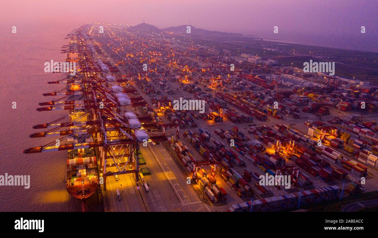 Aerial view of the Yangshan port in Lin Gang Pilot Free Trade Zone in ...