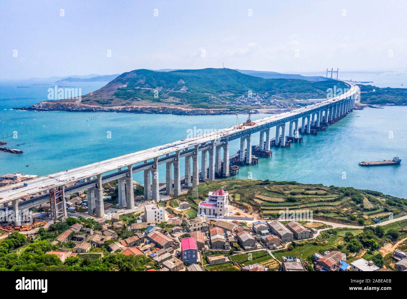 Aerial view of the Pingtan Haixia Rail-Road Bridge completed in Fuzhou ...