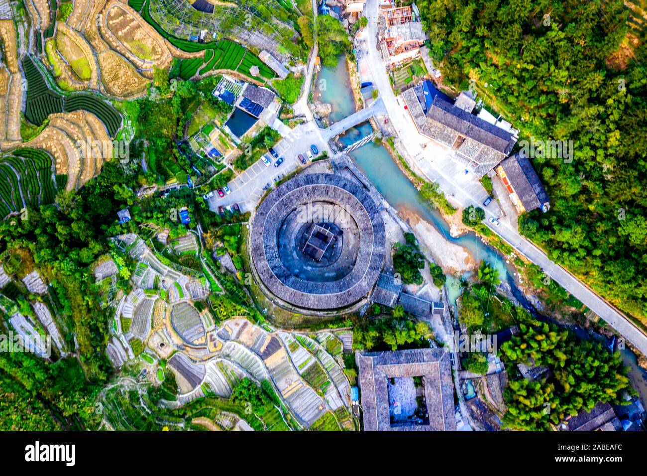 An aerial view of Yuchang building and nearby square buildings in ...