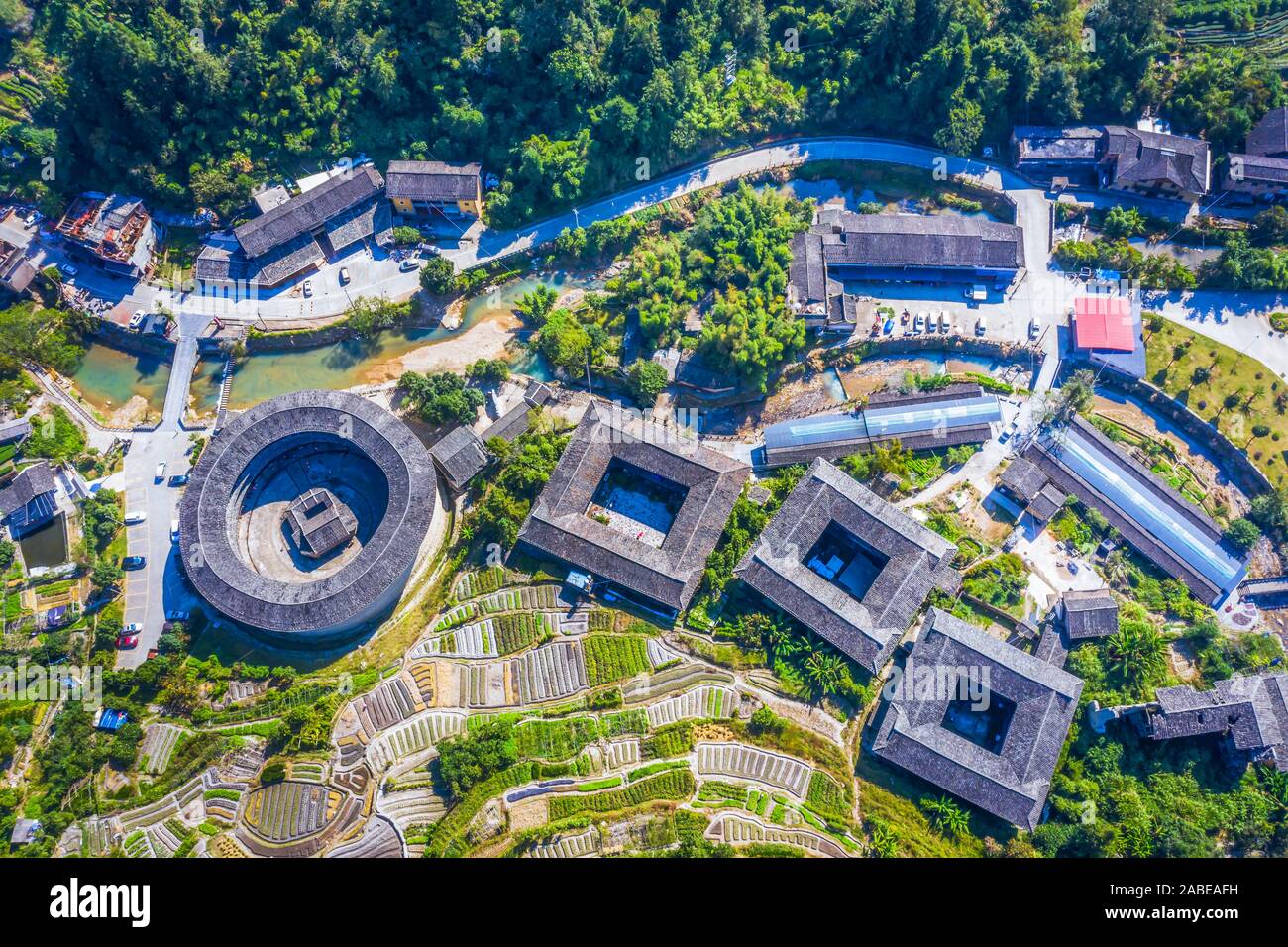 An aerial view of Yuchang building and nearby square buildings in ...