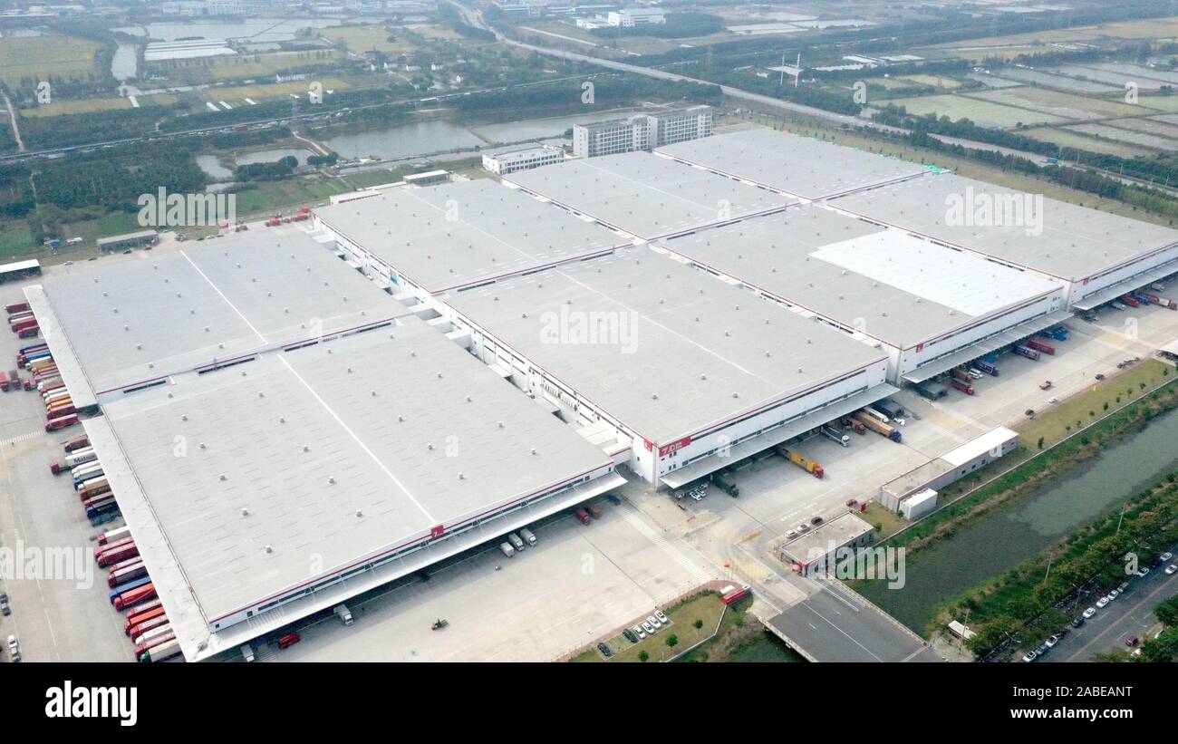 An aerial view of trucks gathering in front of the first automated ...