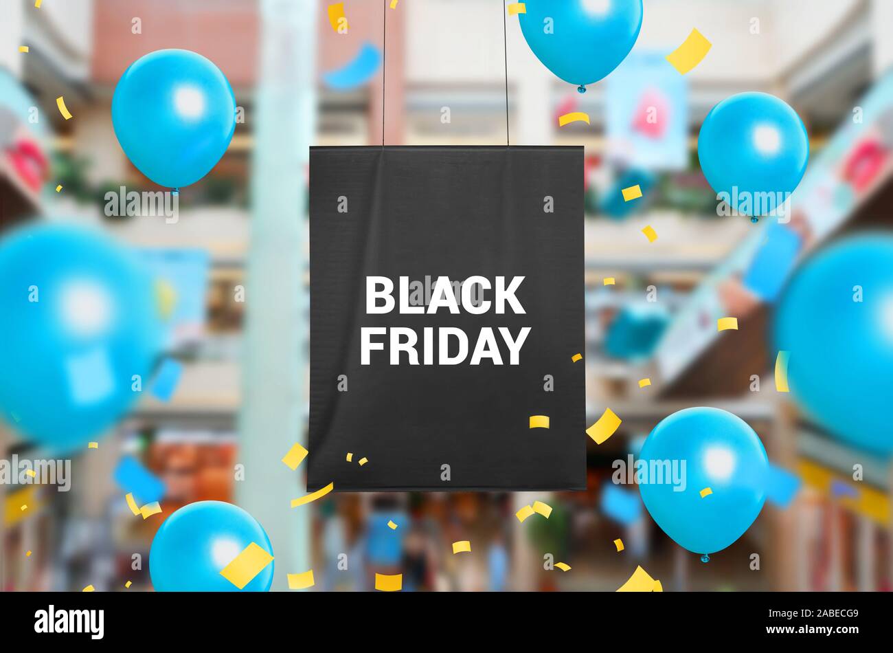 Black Friday poster, flag hanging at the shopping mall surrounded with ...