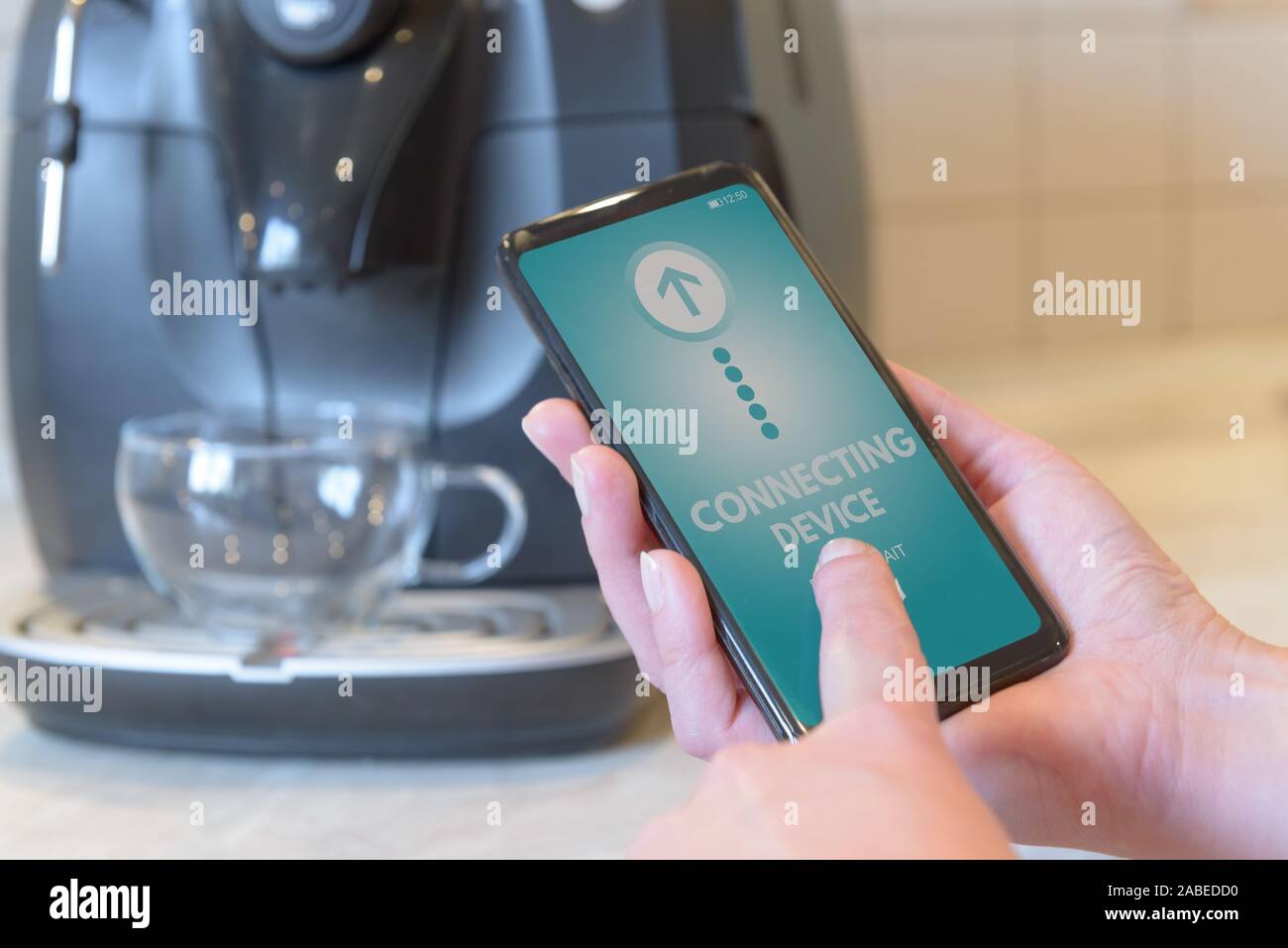 Connecting coffee machine with smart phone. Smart home and Internet of ...