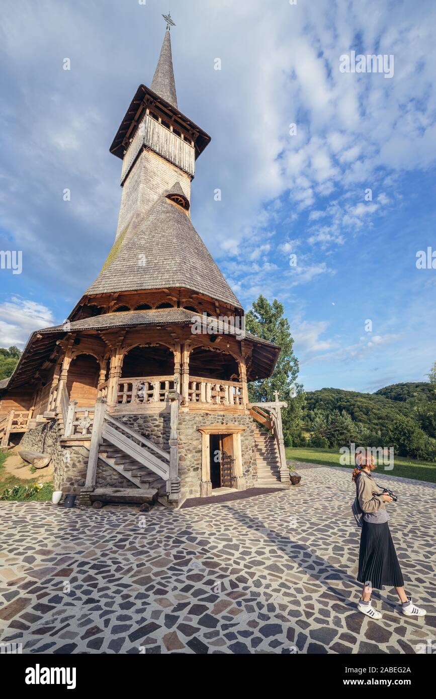 Wooden main church of monastery in Barsana village, located in Maramures County of Romania Stock ...