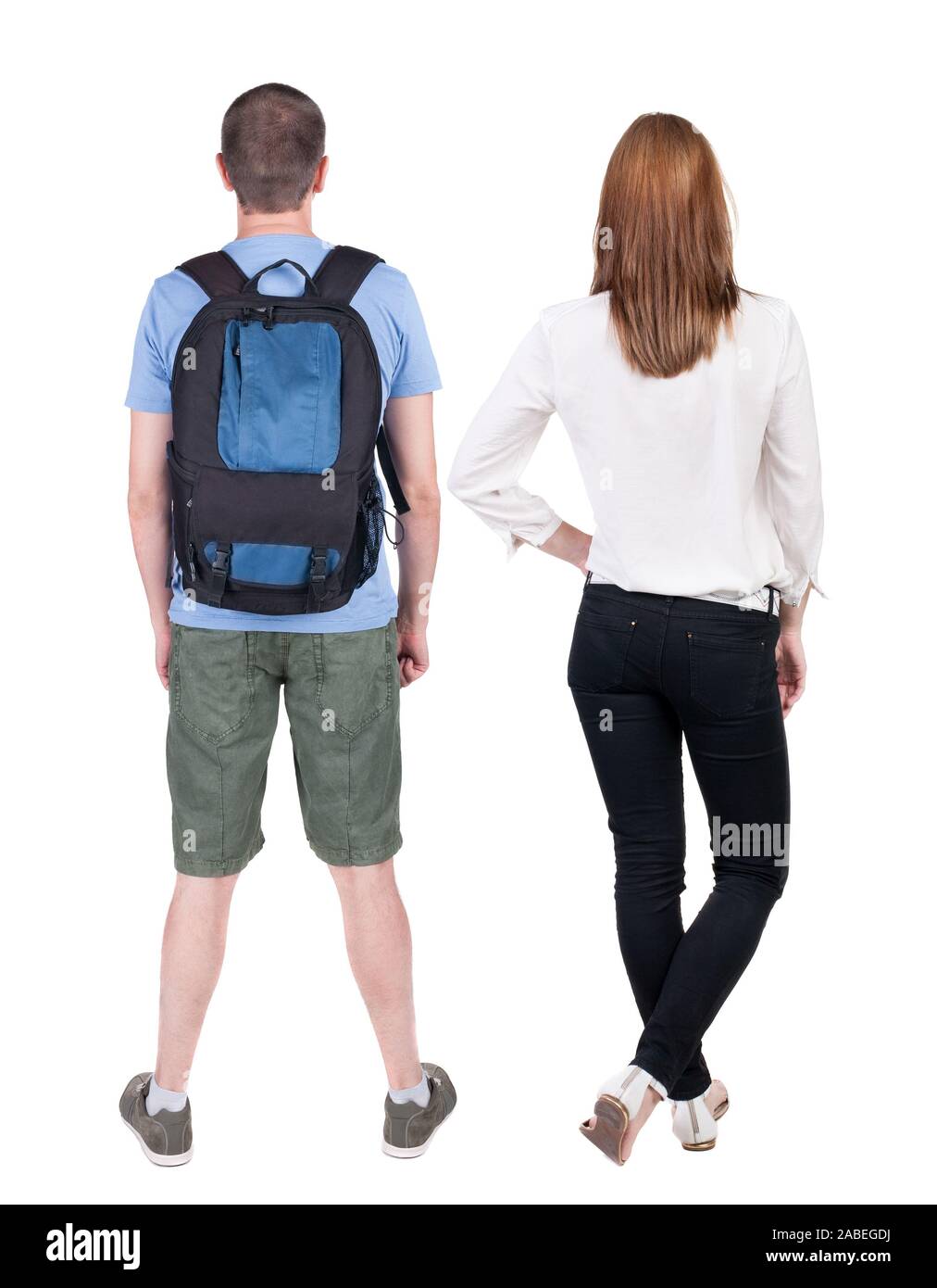 Back view of couple. beautiful friendly girl and guy together. Rear ...